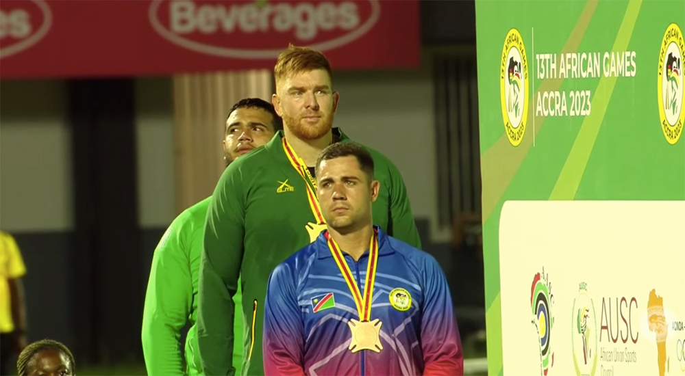 Victor Hogan in the top of the discus podium in Accra.